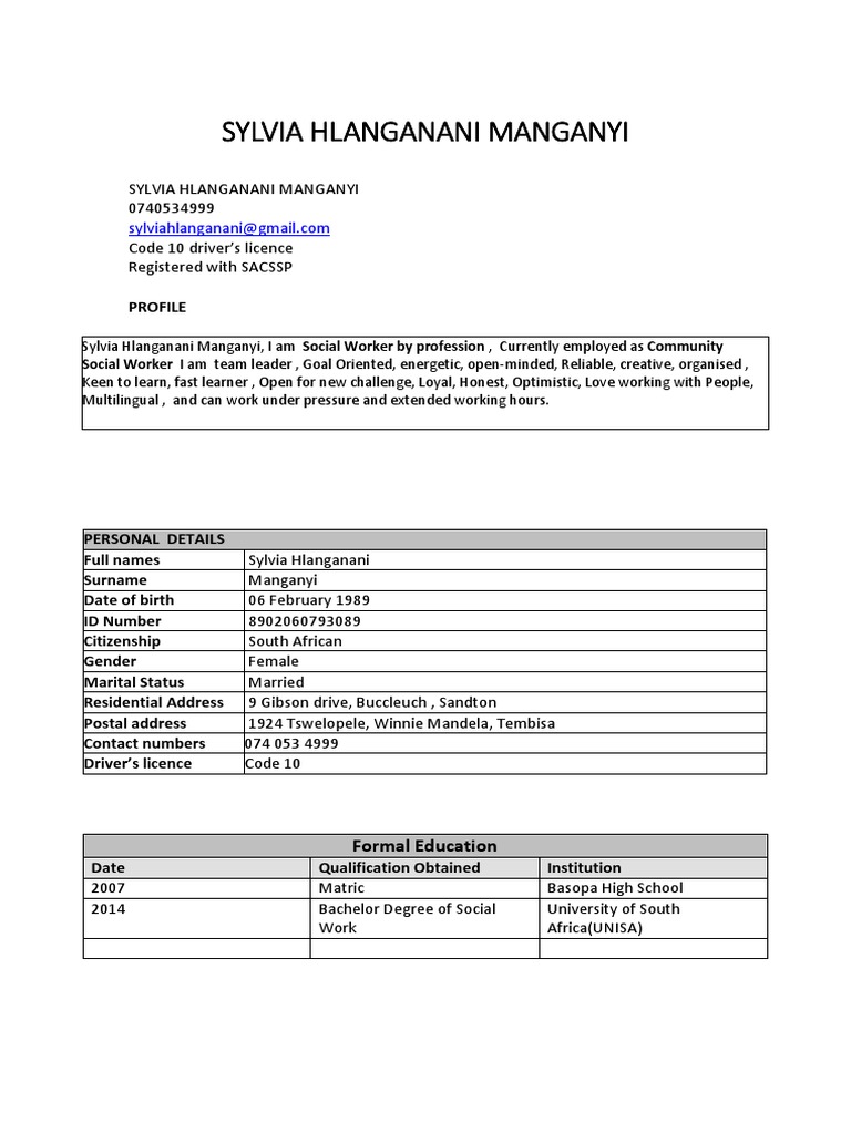 Sylvia CV & Supporting Document PDF | Download Free PDF | Social Work