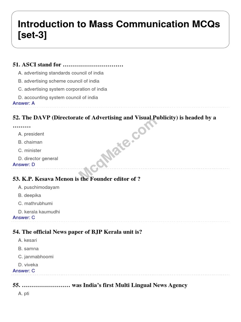 Introduction To Mass Communication Solved MCQs (Set-3) | PDF | Newspapers | News