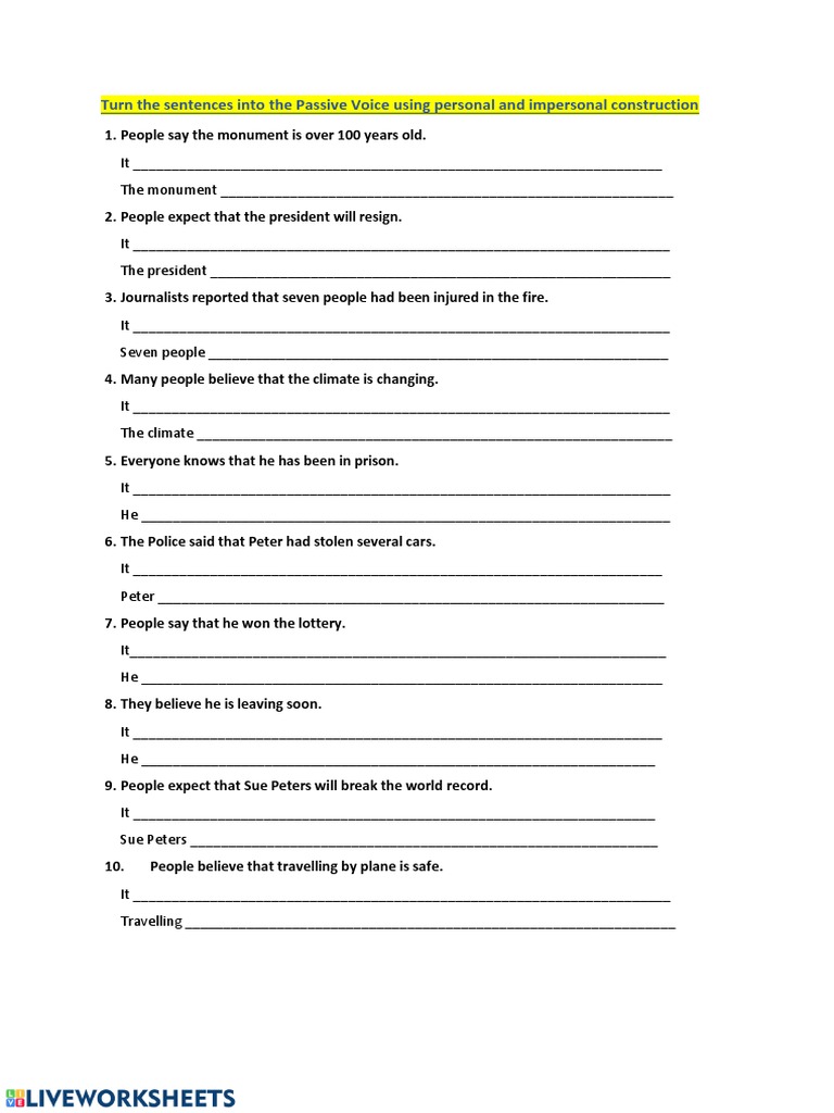 Turn The Sentences Into The Passive Voice Using Personal and Impersonal ...