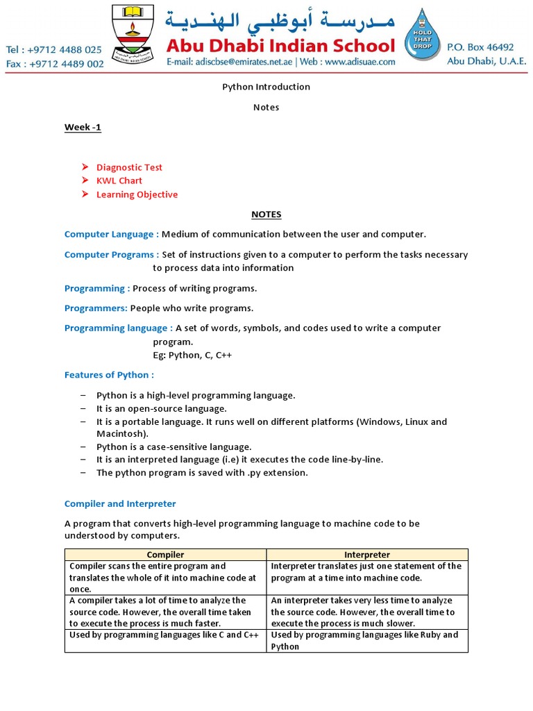 Python Introduction Notes Week 1 Pdf Reserved Word Python Programming Language