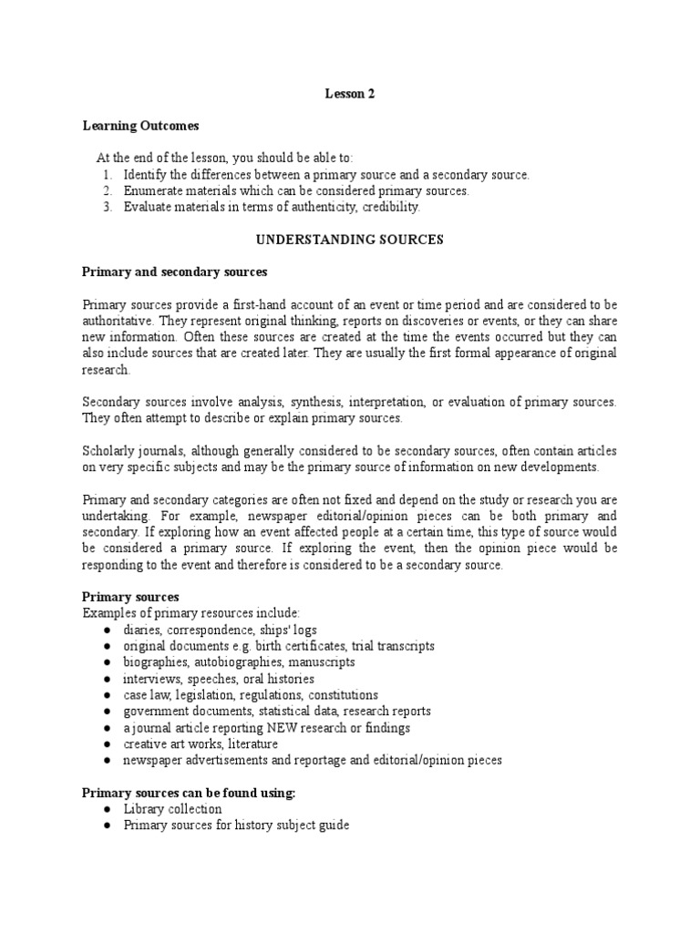 Lesson 2 - UNDERSTANDING SOURCES PDF | PDF | Primary Sources | Cognition