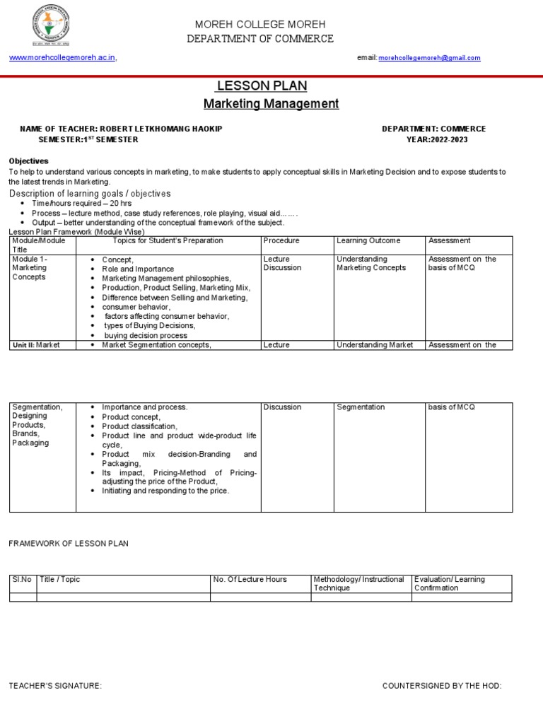 Lesson Plan-Marketing Management | PDF | Marketing | Lesson Plan