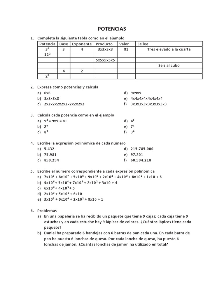 Potencias - Ejercicios | PDF