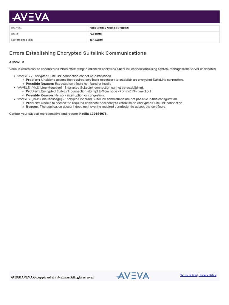 FAQ15218 - Errors Establishing Encrypted Suitelink Communications | PDF