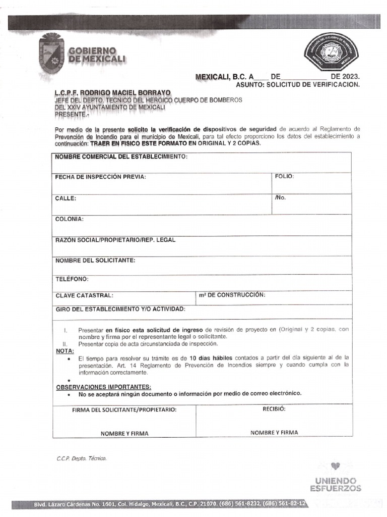 Solicitud VERIFICACION BOMBEROS 2023 | PDF