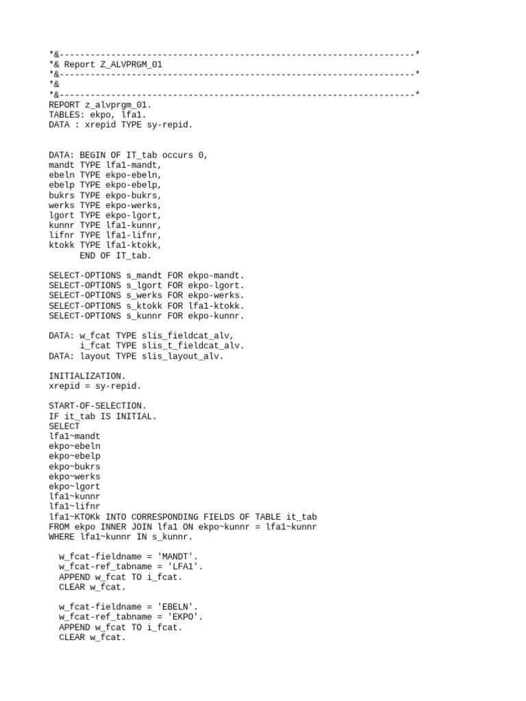 ALV EKPO-LFA1 PRGM Using Inner Join | PDF