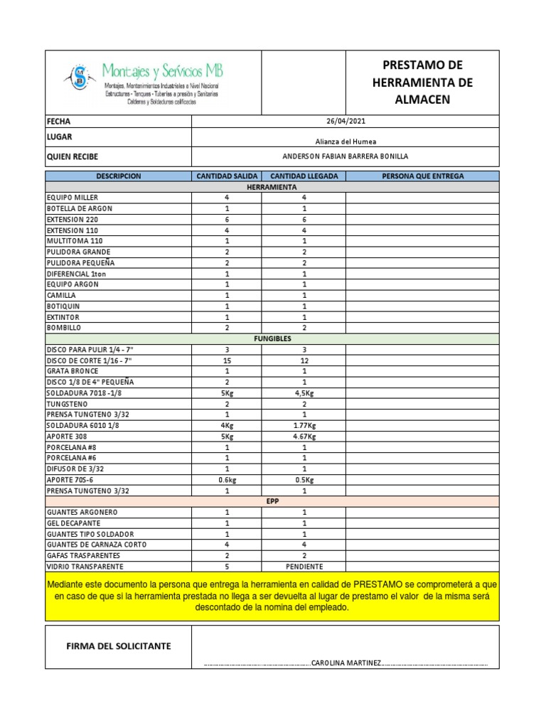 Formato de Prestamo de Herramienta | PDF