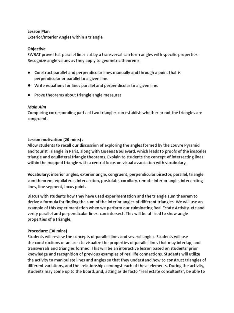 Lesson Plan - Interior - Exterior Angles | PDF | Triangle | Perpendicular