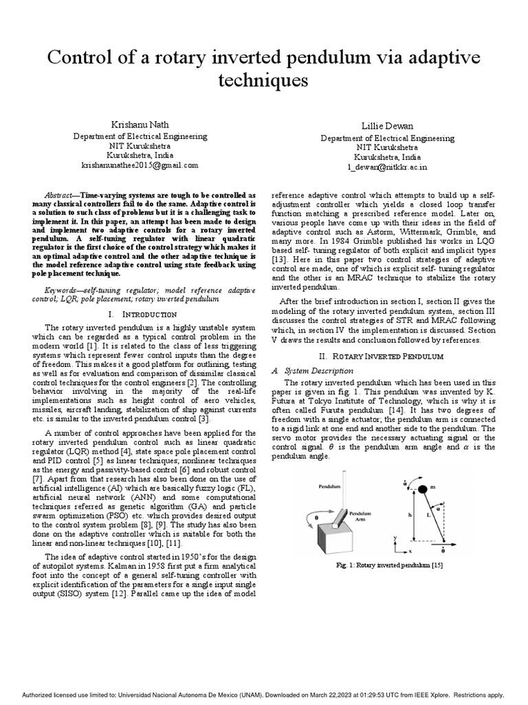 Control of A Rotary Inverted Pendulum Via Adaptive Techniques PDF | PDF | Control Theory ...
