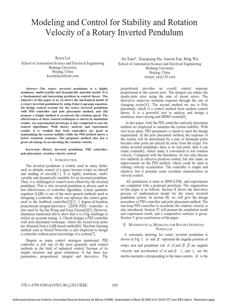 Modeling and Control For Stability and Rotation Velocity of A Rotary Inverted Pendulum PDF | PDF ...