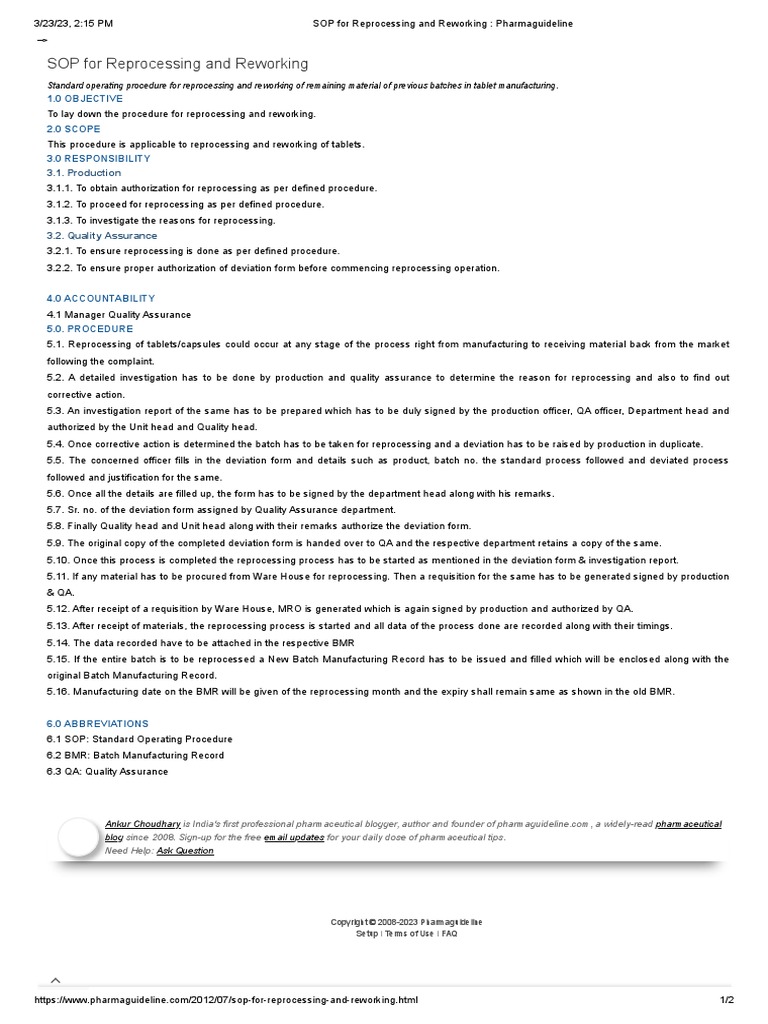 SOP For Reprocessing and Reworking - Pharmaguideline | Download Free PDF | Quality Assurance ...