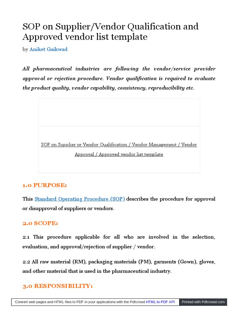 Pharmaguidesop Com 2021 03 Sop On Supplier Qualification Ven | PDF ...