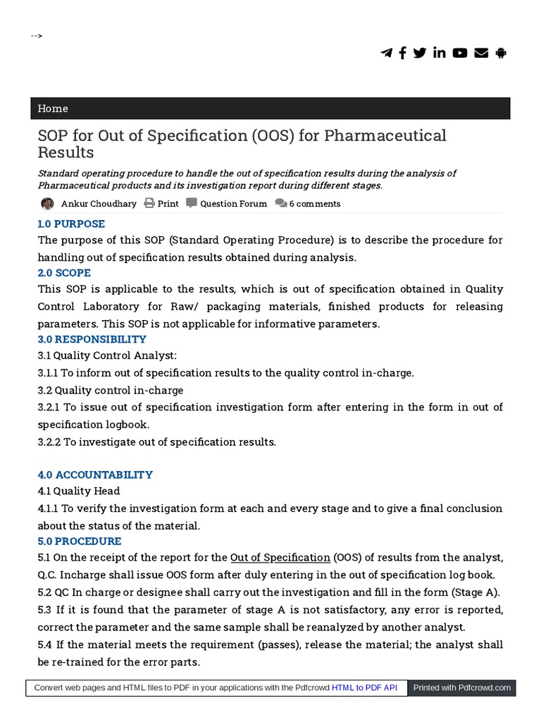 SOP for Pharmaceutical OOS Results | PDF | Technology & Engineering