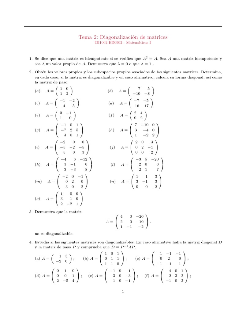 Tema 2. Problemas de Diagonalización de Matrices | PDF | Valores propios y vectores propios ...