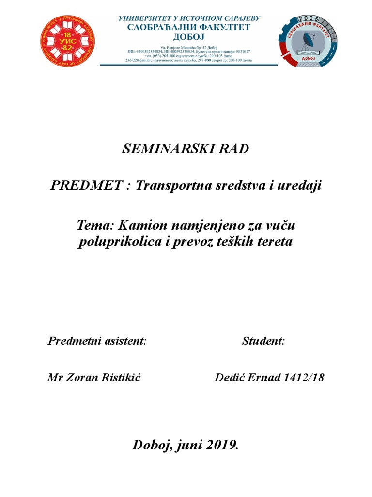 SEMINARSKI RAD Transportna Sredstva I Uređaji | PDF