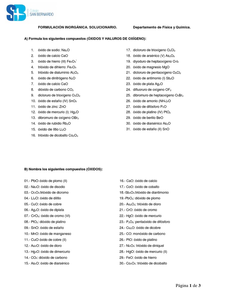 Ficha Solucionario. Formulación Inorgánica 3º Eso PDF | PDF | Hidrógeno | Moléculas