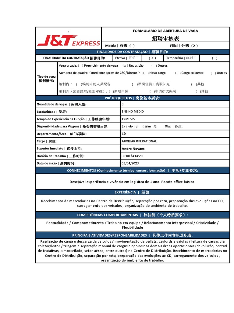 Formulário de Abertura de Vaga | PDF