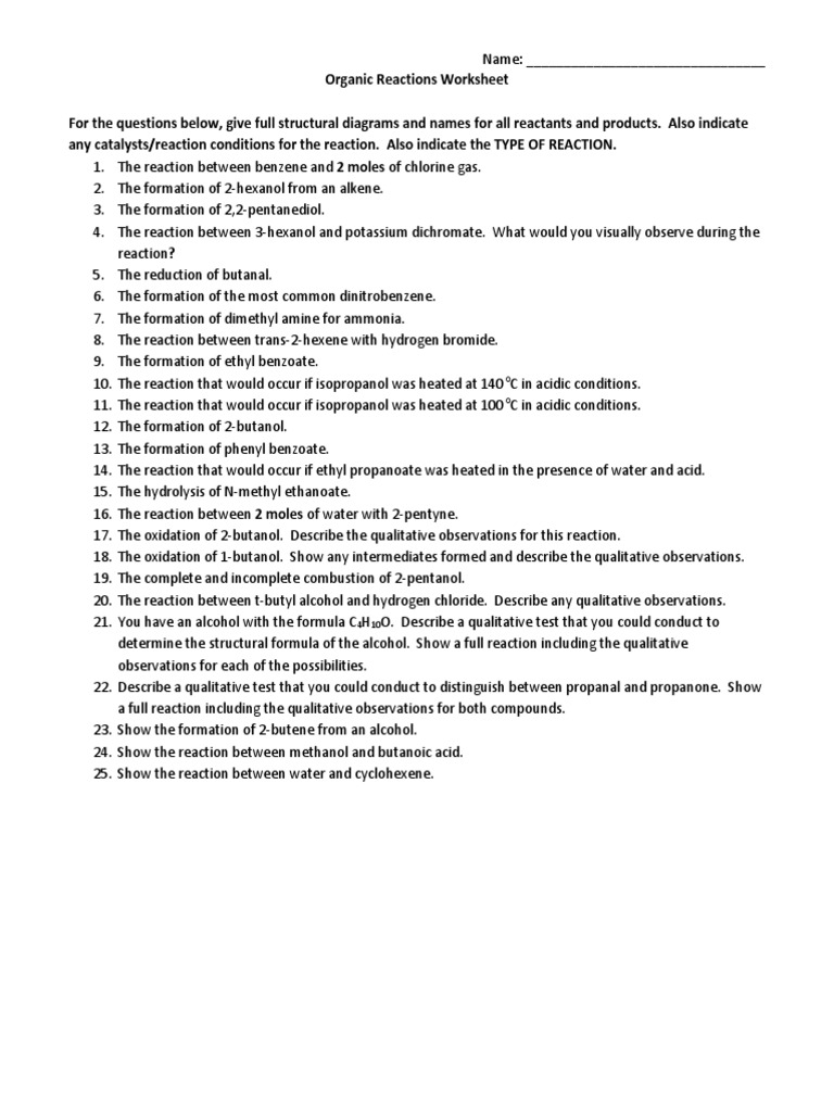 Organic Reactions Worksheet with Answers | PDF | Technology & Engineering