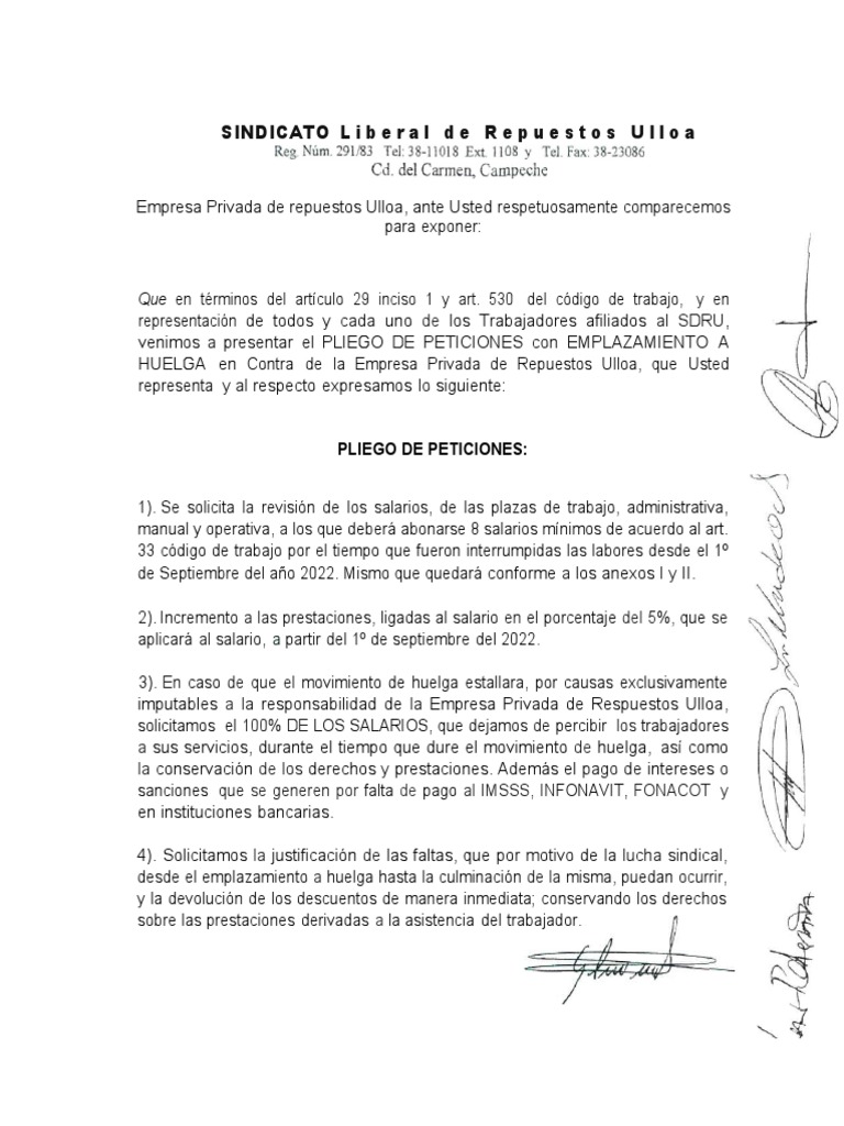 Pliego de Peticiones para Emplazar Una Huelga | PDF | Ética de negocios ...