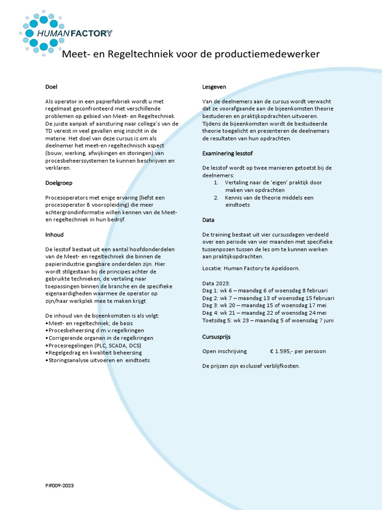 PIF099 Meet en Regeltechniek Voor Productiemedewerker 2023 | PDF
