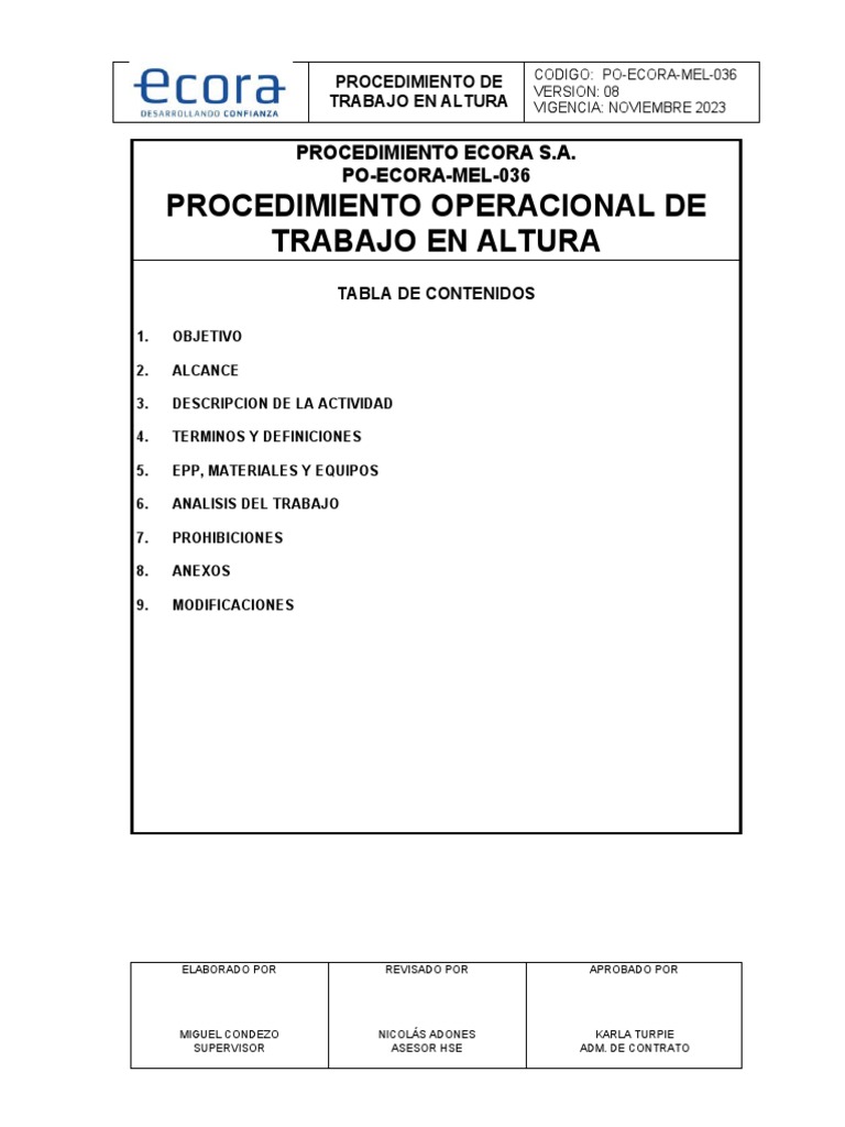 PO-ECORA-MEL-036 Procedimiento Operacional de Trabajo en Altura REV.06 | PDF | Reanimación ...