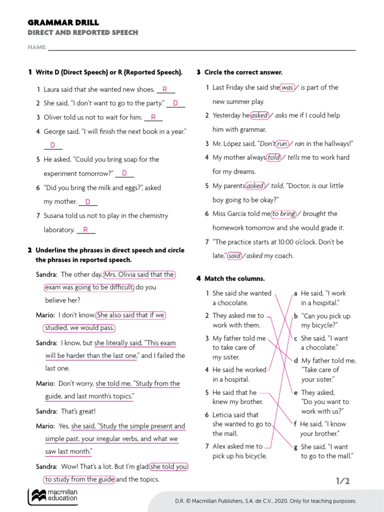 Grammar Drill 20 Direct and Reported Speech Answer Key | PDF | Linguistics