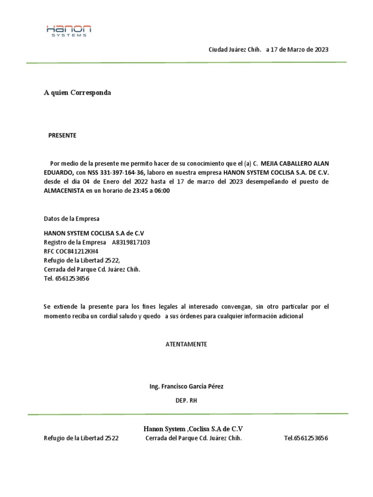 Carta de Trabbajo ALAN | PDF