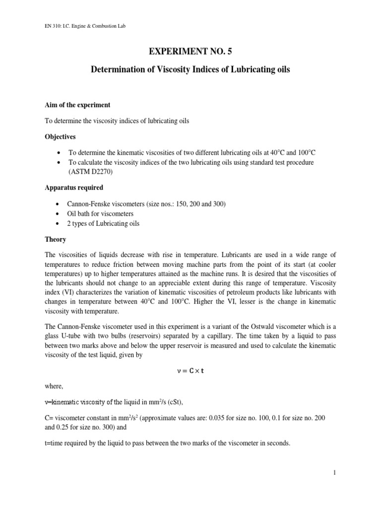 Determining the Viscosity Indices of Lubricating Oils Through Experimental Measurement and ...