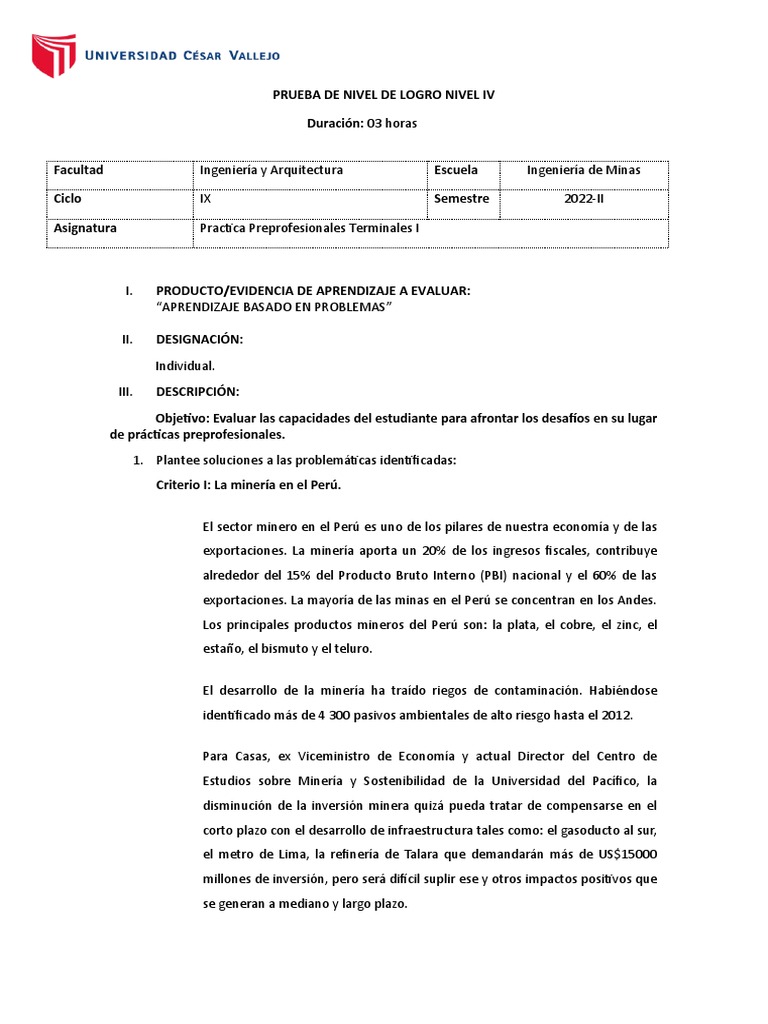 PRUEBA DE NIVEL DE LOGRO Nivel 4 (IX CICLO) - INGENIERÍA DE MINAS | PDF | Minería | Evaluación