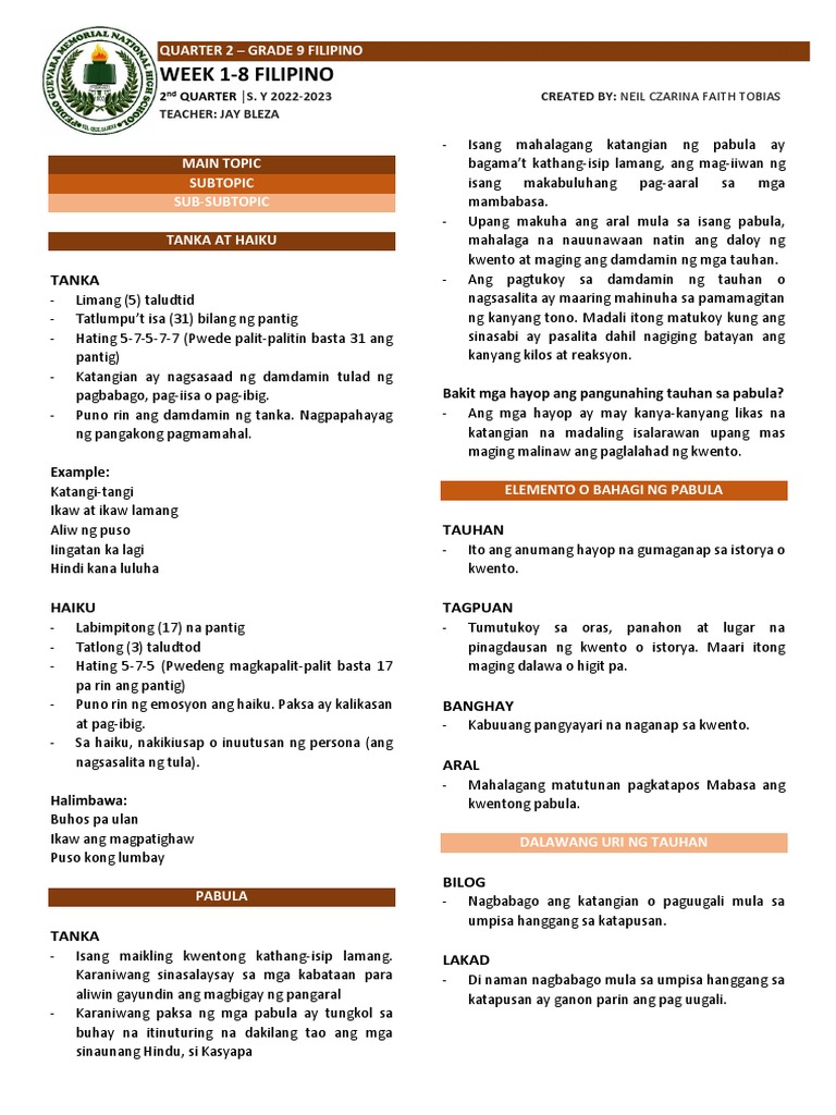 Filipino-Notes-Q2 - Banzon | PDF