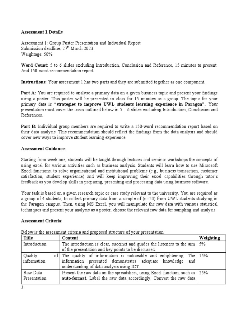 Assessment Brief 1 | PDF | Microsoft Excel | Data