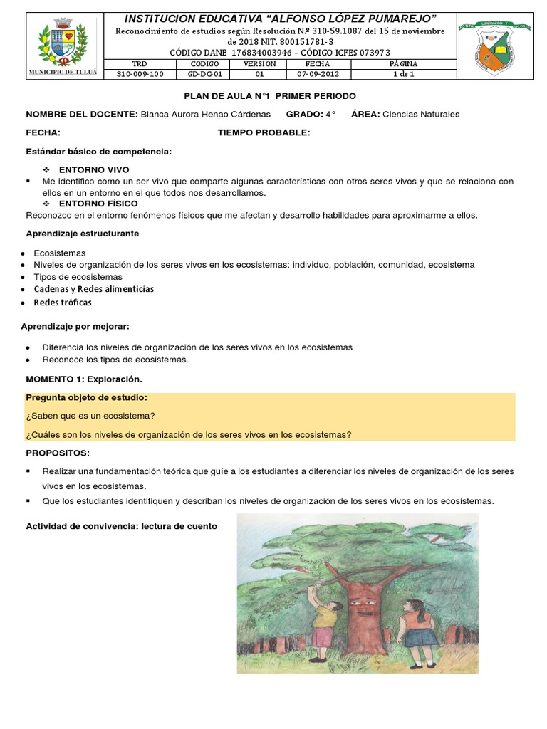 Plan de Aula N°1 de Ciencias Naturales Grado 4° Primer Periodo 2023 ...