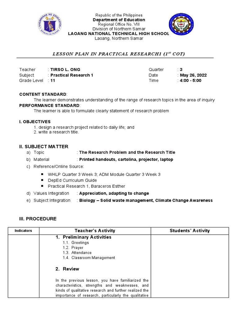 Lesson Evaluation for Practical Research 1 | PDF | Qualitative Research ...