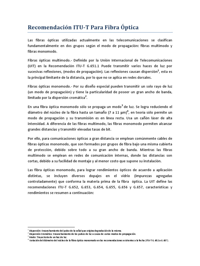 Recomendaciones ITU-T para Fibras Ópticas | PDF | Fibra óptica | Multiplexación por División de ...