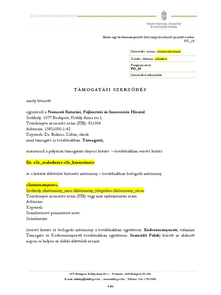 PD 18 Tamogatasi Szerzodes MINTA Szerzodeskotes | PDF