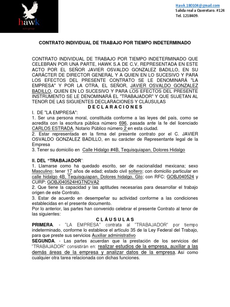 Contrato Individual de Trabajo Por Tiempo Indeterminado 2 | PDF | Salario