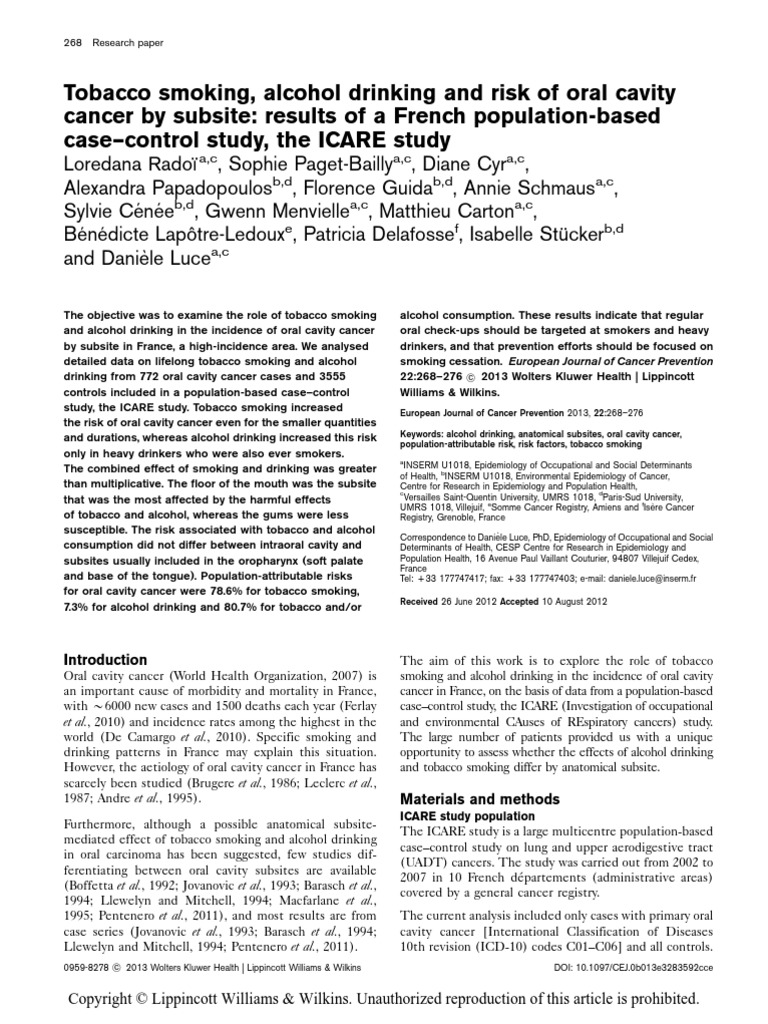 Tobacco Smoking, Alcohol Drinking and Risk of Oral Cavity Cancer by ... Tobacco Smoking, Alcohol Drinking and Risk of Oral Cavity Cancer by ...