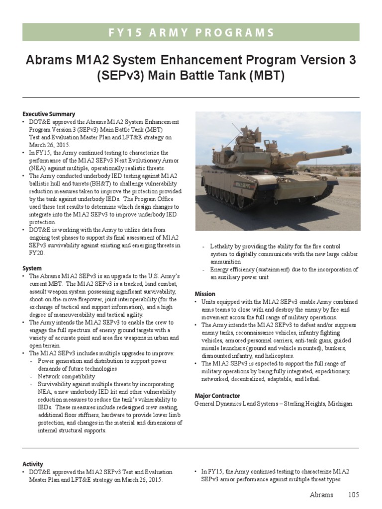 Abrams M1A2 System Enhancement Program Version 3 (Sepv3) Main Battle Tank (MBT) | PDF | Tanks ...
