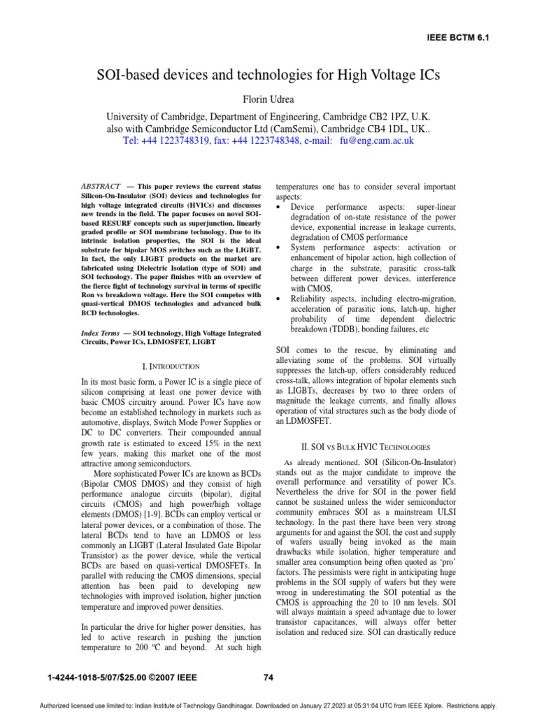 SOI-based Devices and Technologies For High Voltage ICs | PDF | Mosfet | Field Effect Transistor
