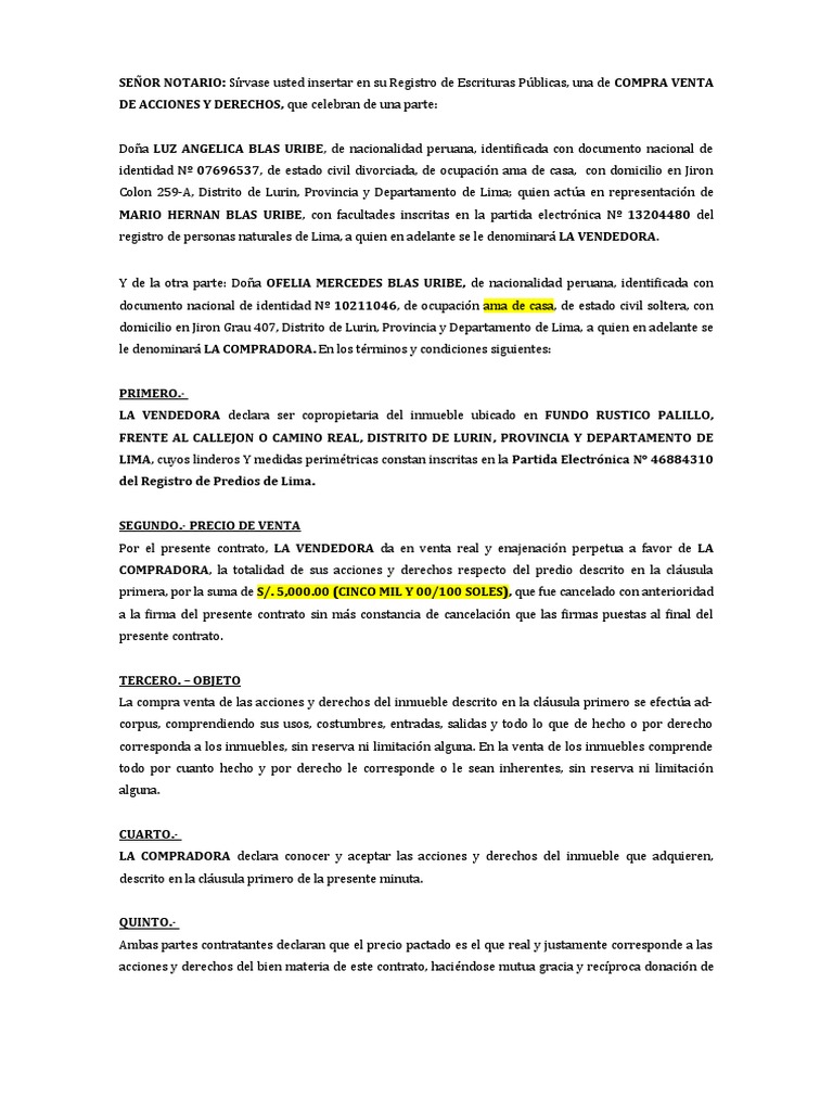 Minuta de Compra Venta Acciones y Derechos Ofelia Mercedes Blas Uribe ...