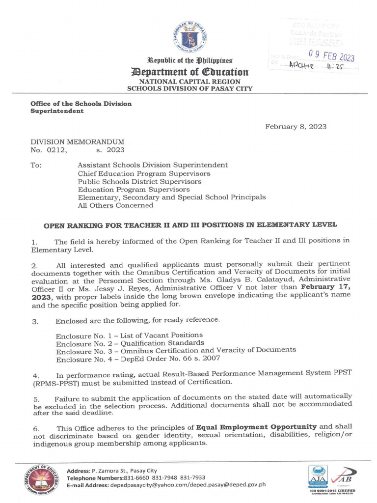 Division Memorandum No. 212, S. 2023 - Open Ranking For Teacher II and ...