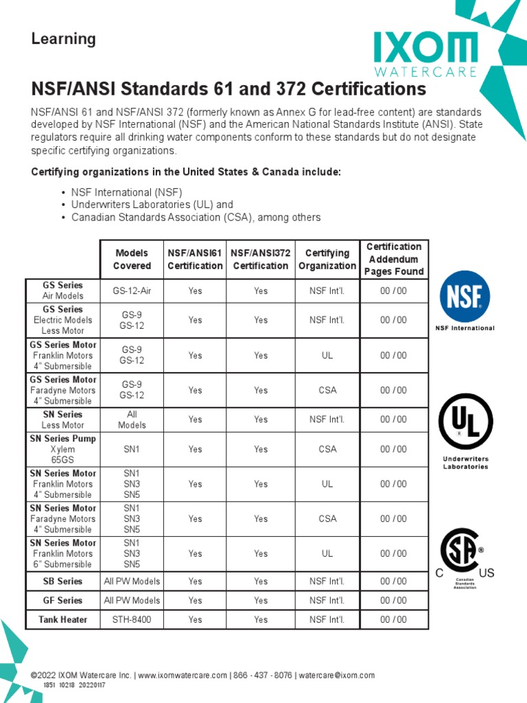 NSF Ul Csa Certification Documentation Nsfansi 61 and Nsfansi 372 For ...