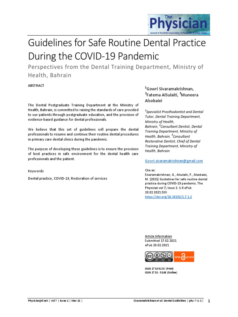Guidelines For Safe Routine Dental Practice During The COVID-19 ...