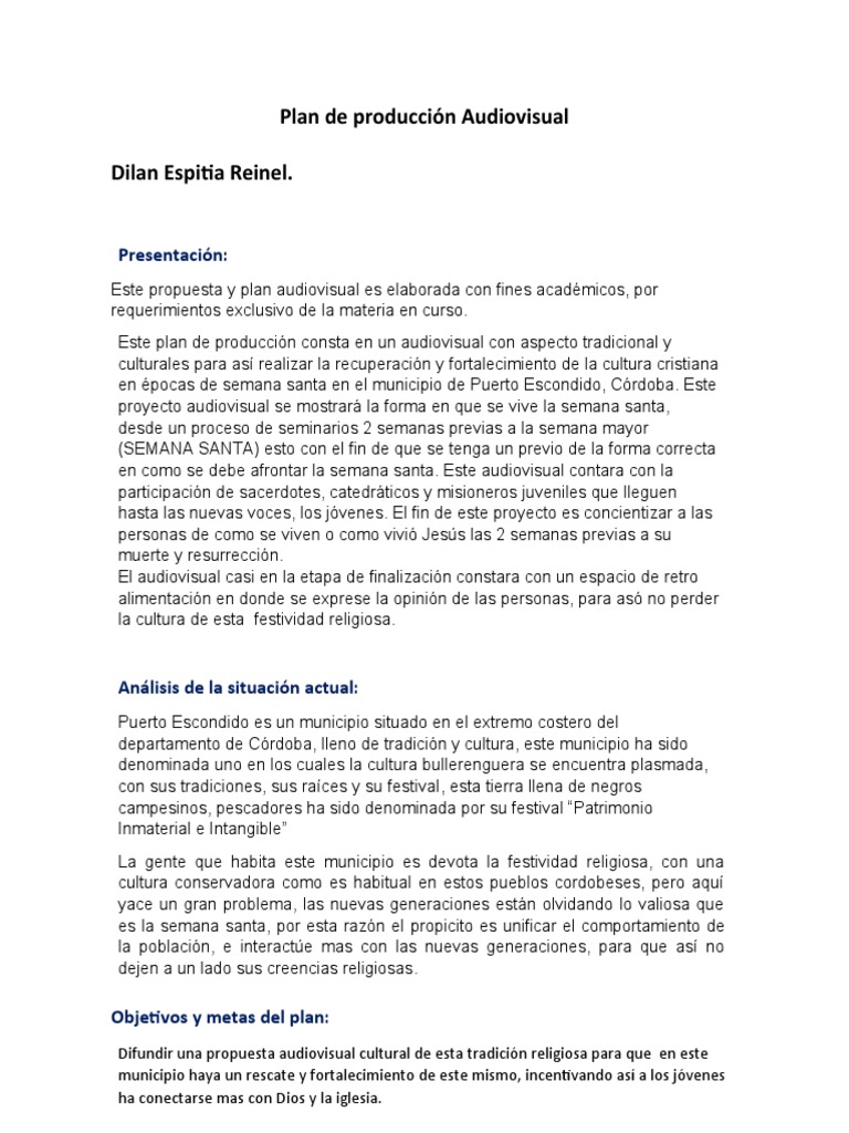 Plan de Producción Audiovisual | PDF | Evaluación | Presupuesto
