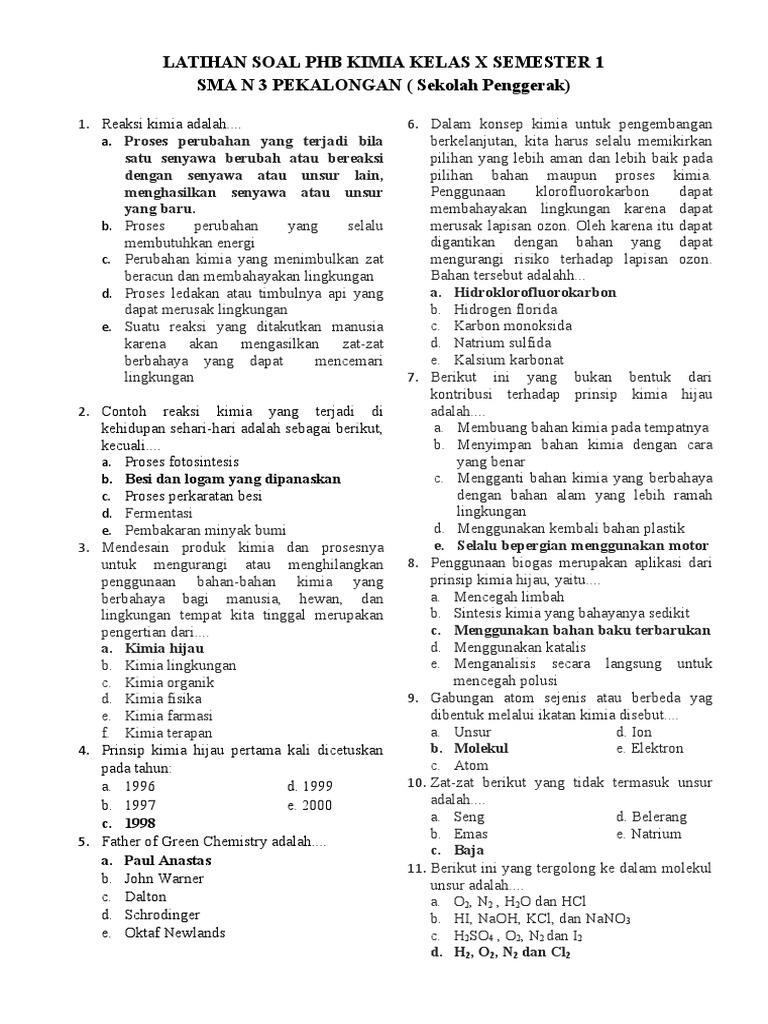 LATIHAN SOAL PHB KIMIA KELAS X 2021 Sekolah Penggerak | PDF