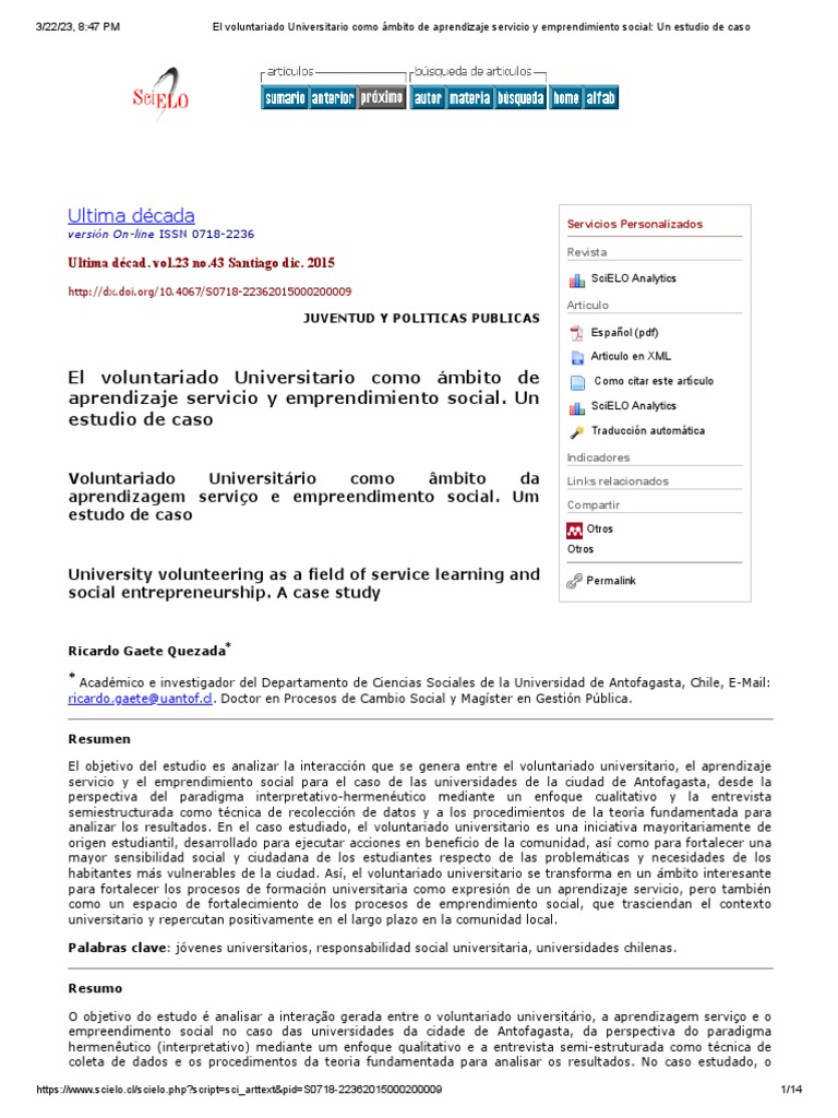 El Voluntariado Universitario Como Ámbito de Aprendizaje Servicio y Emprendimiento Social - Un ...