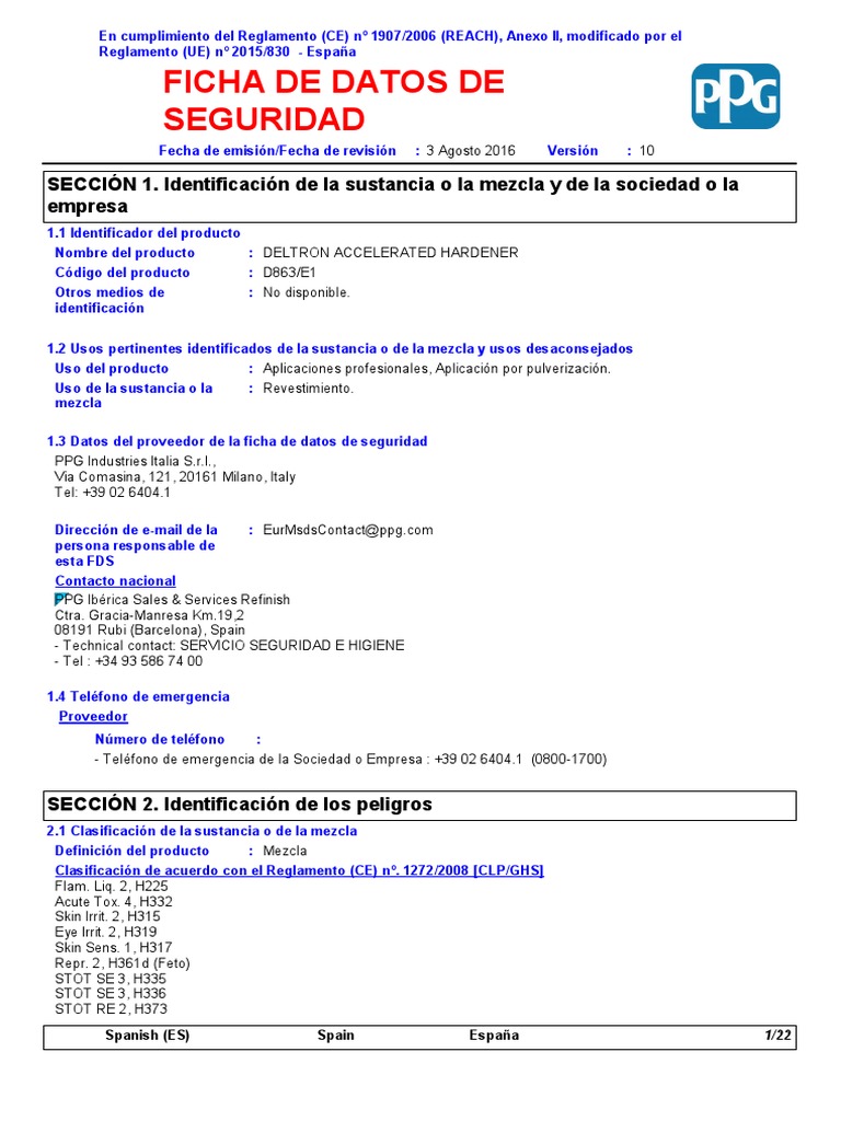 Ficha de Seguridad D863: Deltron Hardener | PDF | Guante | Agua