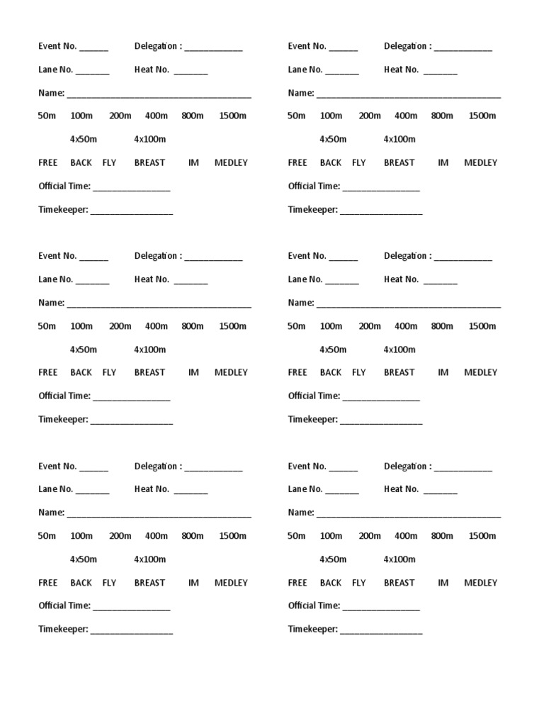 Swim Meet Event Card Template | PDF | Sports | Summer Olympic Games