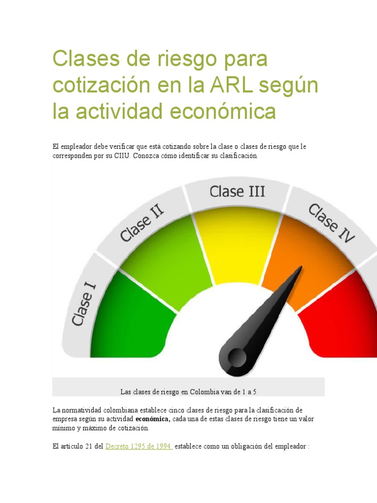 Clases de Riesgo para Cotización en La ARL Según La Actividad Económica ...