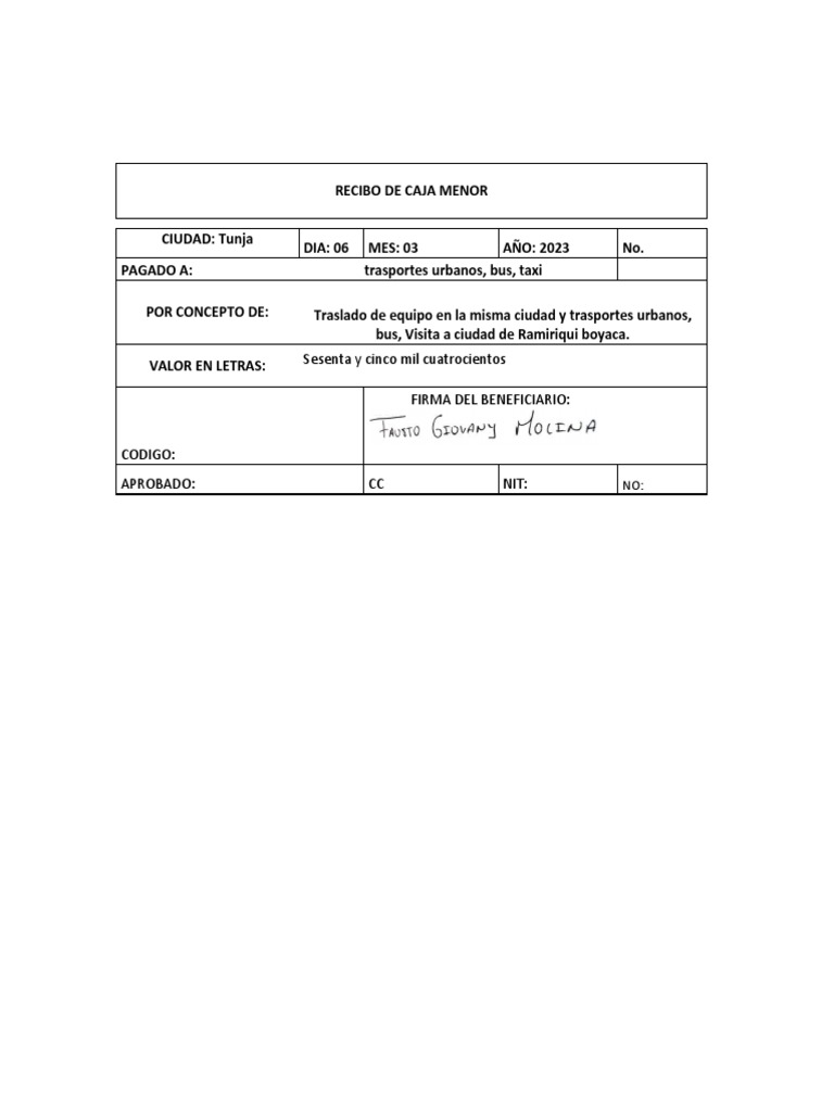 Recibo de Caja Menor - Transporte | PDF